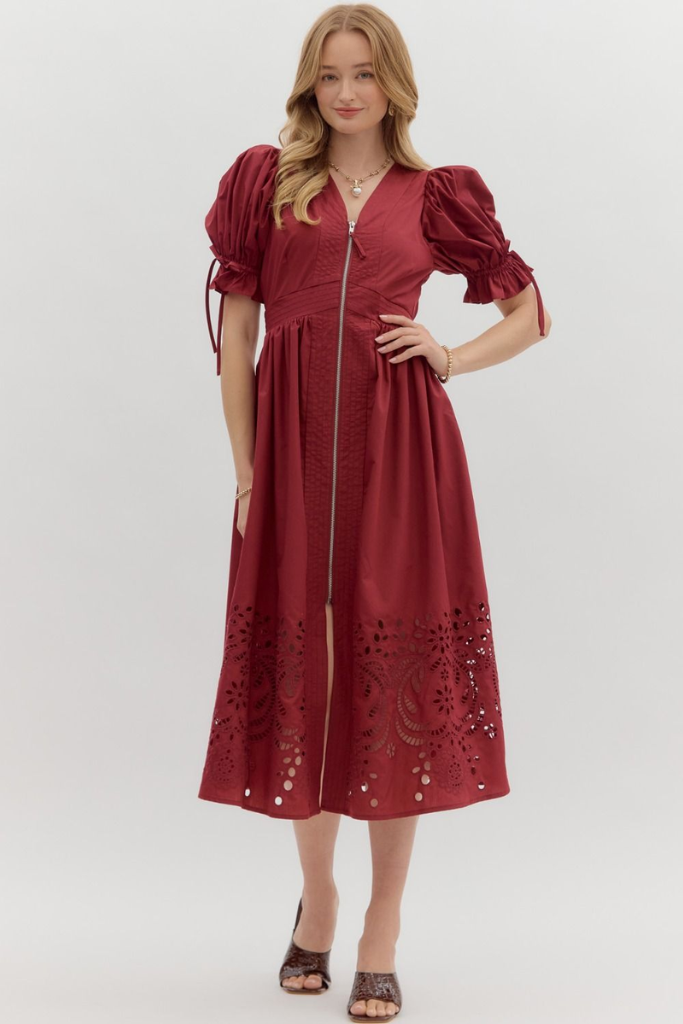 Elizabeth Crochet Trim Zip Front Midi Dress in Garnet – Sloane Boutique